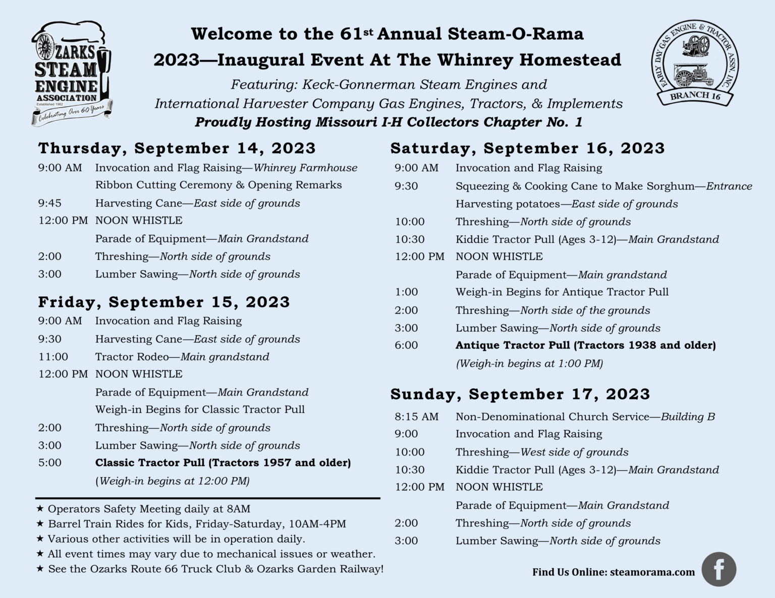 61st Annual Steam-O-Rama | September 14-17 2023